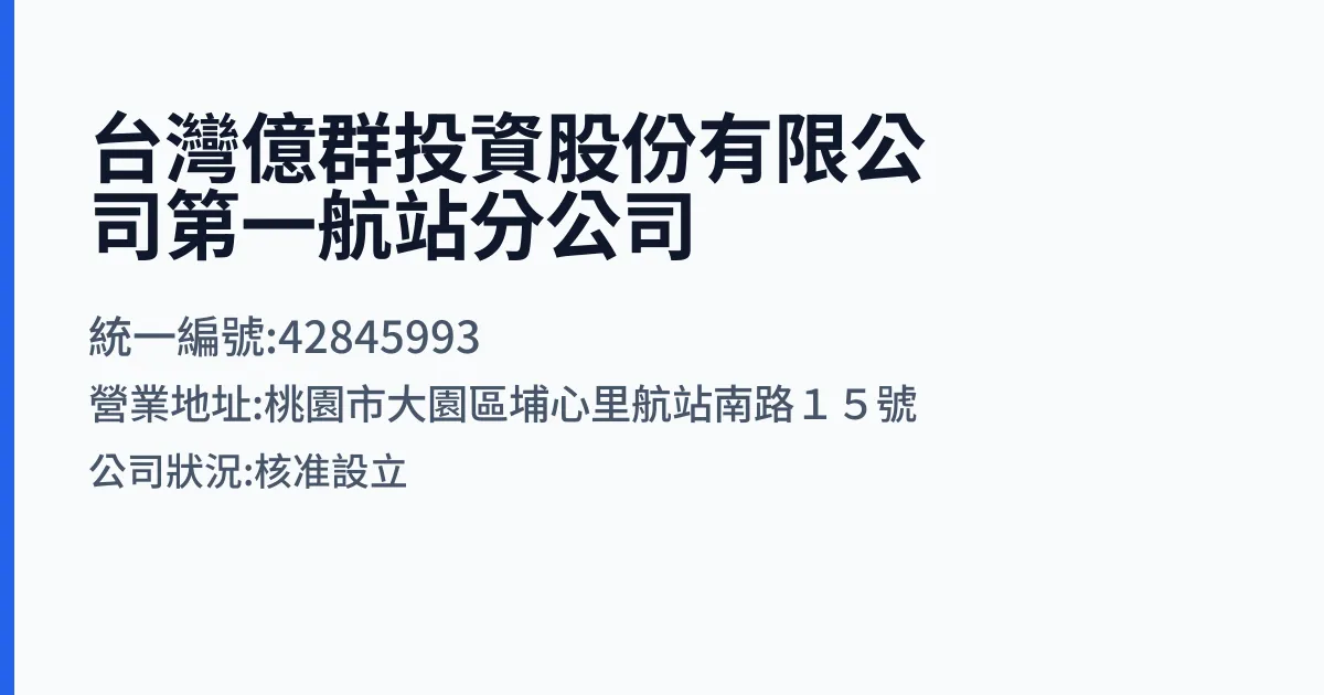 台灣億群投資股份有限公司第一航站分公司 - 統編 42845993(桃園市) 公司登記資料與營業項目詳細圖表