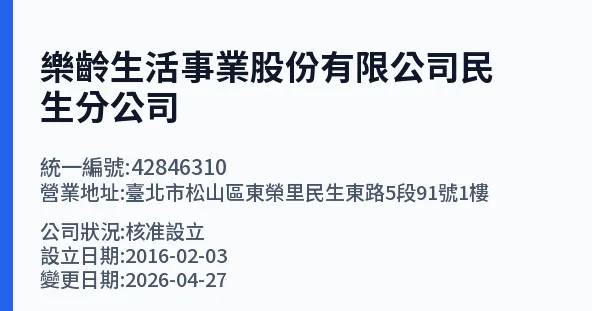 樂齡生活事業股份有限公司民生分公司的照片-統編 42846310(臺北市) 公司登記資料與營業項目詳細圖表