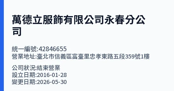 萬德立服飾有限公司永春分公司的照片-統編 42846655(臺北市) 公司登記資料與營業項目詳細圖表