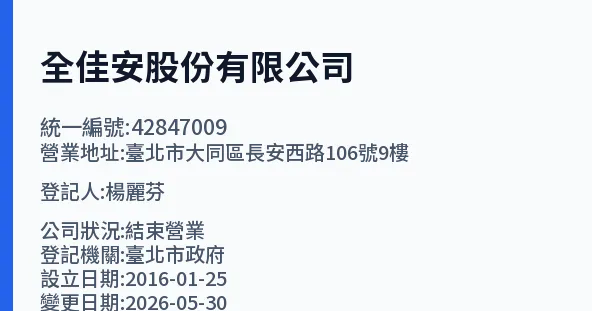 全佳安股份有限公司的照片-統編 42847009(臺北市) 公司登記資料與營業項目詳細圖表
