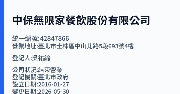 中保無限家餐飲股份有限公司的照片-統編 42847866(臺北市) 公司登記資料與營業項目詳細圖表