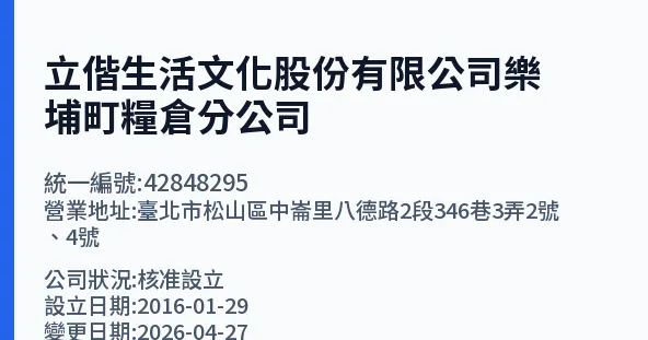 立偕生活文化股份有限公司樂埔町糧倉分公司的照片-統編 42848295(臺北市) 公司登記資料與營業項目詳細圖表