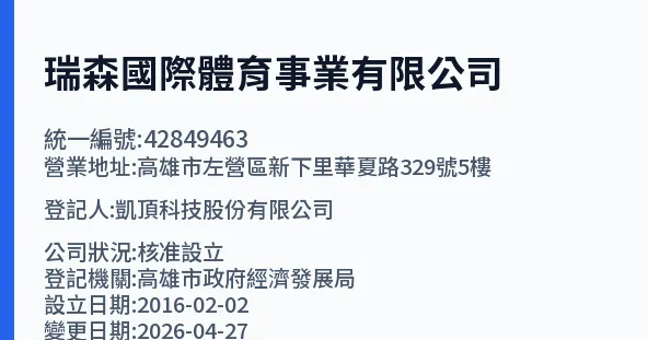 瑞森國際體育事業有限公司的照片-統編 42849463(高雄市) 公司登記資料與營業項目詳細圖表