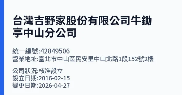 台灣吉野家股份有限公司牛鋤亭中山分公司的照片-統編 42849506(臺北市) 公司登記資料與營業項目詳細圖表
