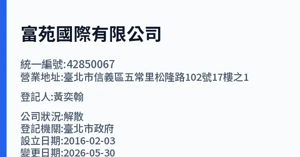 富苑國際有限公司的照片-統編 42850067(臺北市) 公司登記資料與營業項目詳細圖表