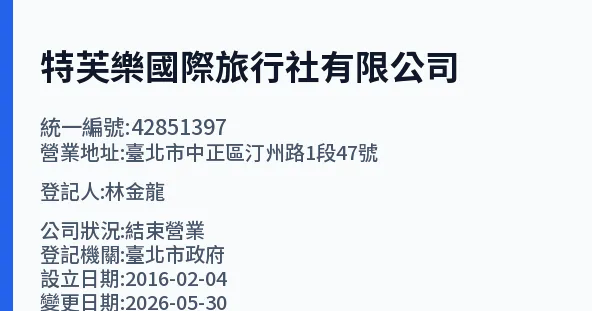 特芙樂國際旅行社有限公司的照片-統編 42851397(臺北市) 公司登記資料與營業項目詳細圖表