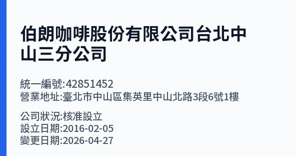 伯朗咖啡股份有限公司台北中山三分公司的照片-統編 42851452(臺北市) 公司登記資料與營業項目詳細圖表