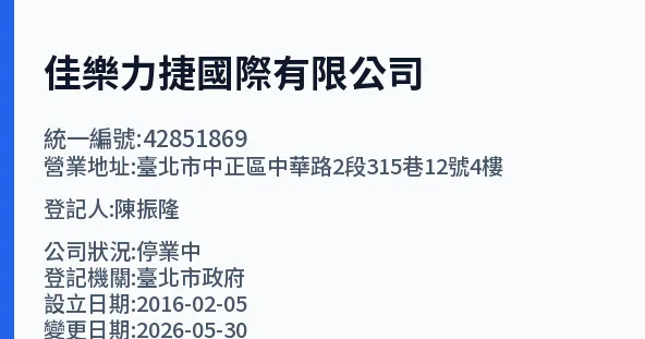 佳樂力捷國際有限公司的照片-統編 42851869(臺北市) 公司登記資料與營業項目詳細圖表