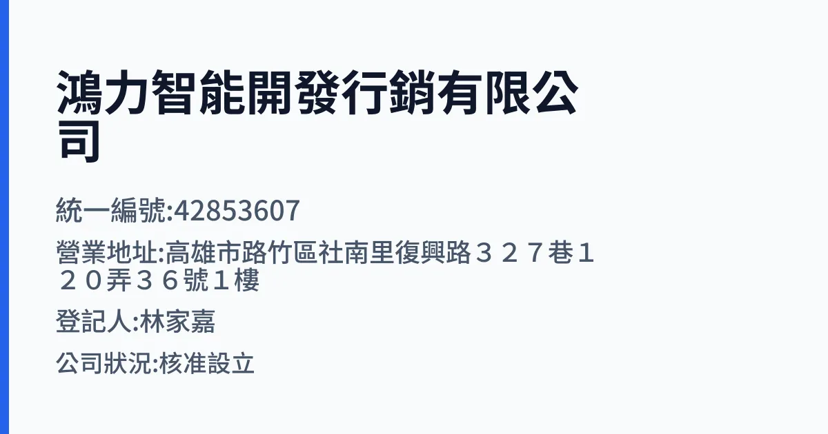 鴻力智能開發行銷有限公司 - 統編 42853607（高雄市） 公司登記資料與營業項目詳細圖表