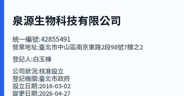 泉源生物科技有限公司的照片-統編 42855491(臺北市) 公司登記資料與營業項目詳細圖表