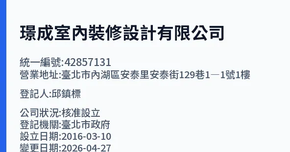 璟成室內裝修設計有限公司的照片-統編 42857131(臺北市) 公司登記資料與營業項目詳細圖表
