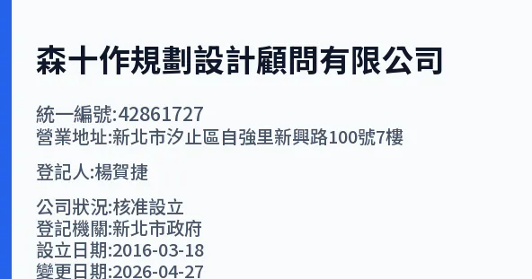 森十作規劃設計顧問有限公司的照片-統編 42861727(新北市) 公司登記資料與營業項目詳細圖表