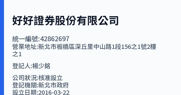 好好證券股份有限公司的照片-統編 42862697(新北市) 公司登記資料與營業項目詳細圖表