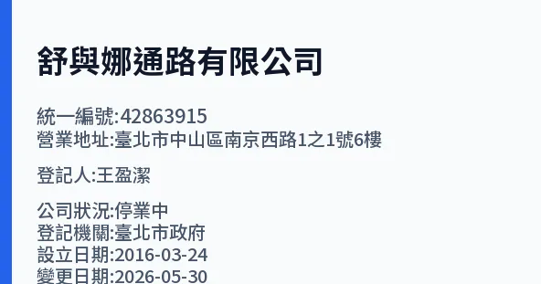舒與娜通路有限公司的照片-統編 42863915(臺北市) 公司登記資料與營業項目詳細圖表