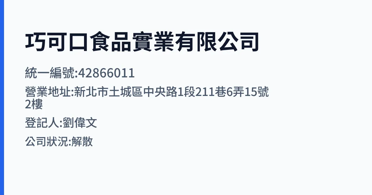 巧可口食品實業有限公司 - 統編 42866011(新北市) 公司登記資料與營業項目詳細圖表