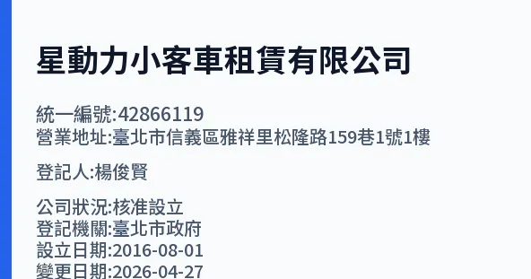 星動力小客車租賃有限公司的照片-統編 42866119(臺北市) 公司登記資料與營業項目詳細圖表