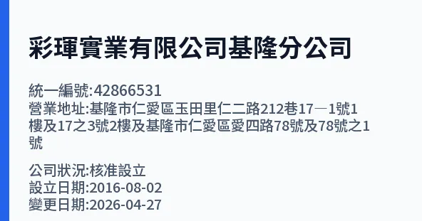 彩琿實業有限公司基隆分公司的照片-統編 42866531(基隆市) 公司登記資料與營業項目詳細圖表