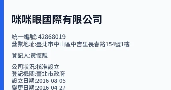 咪咪眼國際有限公司的照片-統編 42868019(臺北市) 公司登記資料與營業項目詳細圖表