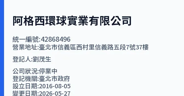 阿格西環球實業有限公司的照片-統編 42868496(臺北市) 公司登記資料與營業項目詳細圖表
