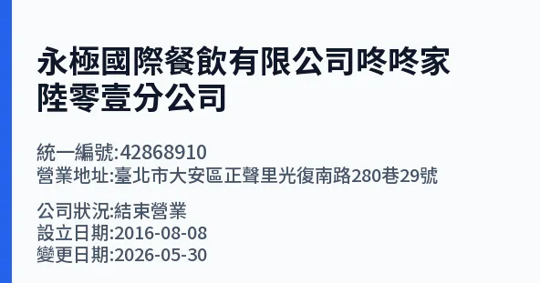 永極國際餐飲有限公司咚咚家陸零壹分公司的照片-統編 42868910(臺北市) 公司登記資料與營業項目詳細圖表