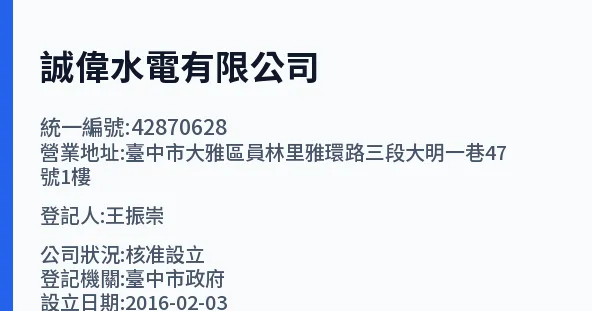 誠偉水電有限公司的照片-統編 42870628(臺中市) 公司登記資料與營業項目詳細圖表