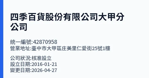 四季百貨股份有限公司大甲分公司的照片-統編 42870958(臺中市) 公司登記資料與營業項目詳細圖表