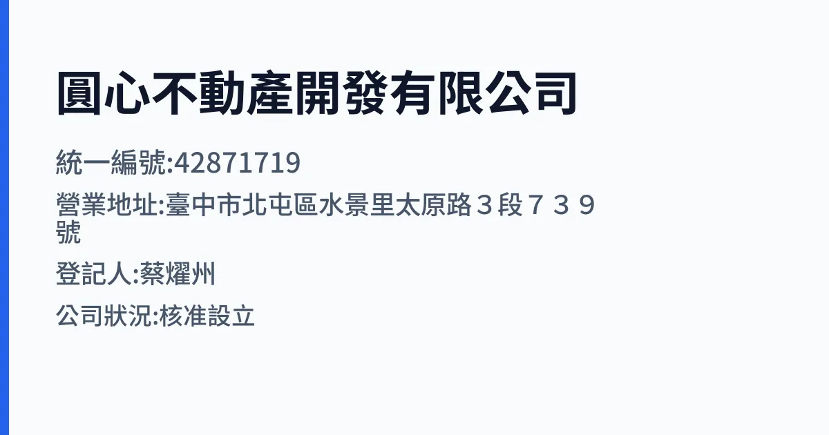 圓心不動產開發有限公司 - 統編 42871719(臺中市) 公司登記資料與營業項目詳細圖表