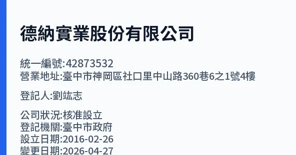 德納實業股份有限公司的照片-統編 42873532(臺中市) 公司登記資料與營業項目詳細圖表