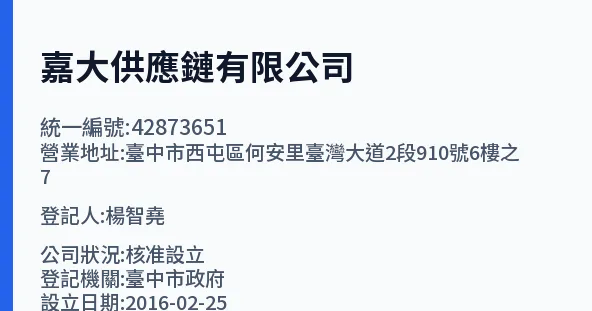 嘉大供應鏈有限公司的照片-統編 42873651(臺中市) 公司登記資料與營業項目詳細圖表