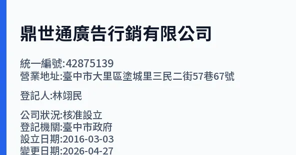鼎世通廣告行銷有限公司的照片-統編 42875139(臺中市) 公司登記資料與營業項目詳細圖表