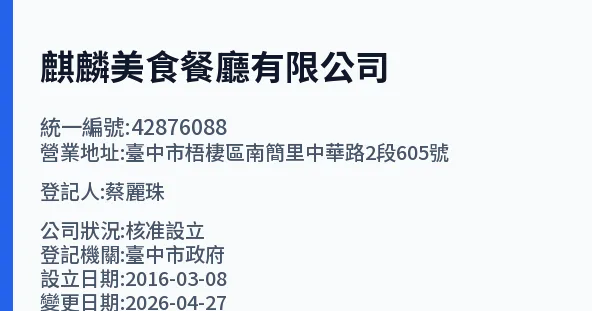 麒麟美食餐廳有限公司的照片-統編 42876088(臺中市) 公司登記資料與營業項目詳細圖表