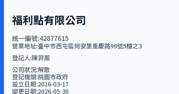 福利點有限公司的照片-統編 42877615(臺中市) 公司登記資料與營業項目詳細圖表
