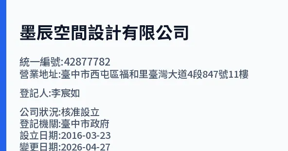 墨辰空間設計有限公司的照片-統編 42877782(臺中市) 公司登記資料與營業項目詳細圖表