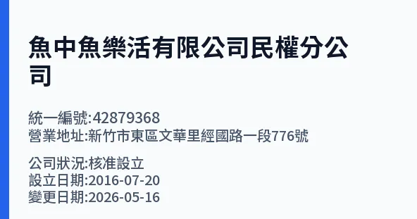 魚中魚樂活有限公司民權分公司的照片-統編 42879368(新竹市) 公司登記資料與營業項目詳細圖表
