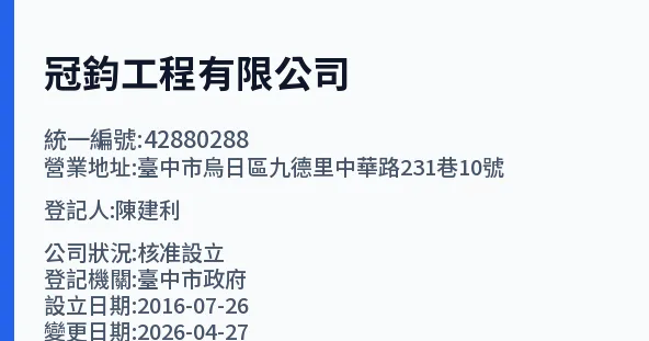 冠鈞工程有限公司的照片-統編 42880288(臺中市) 公司登記資料與營業項目詳細圖表