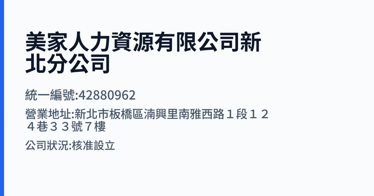 美家人力資源有限公司新北分公司 - 統編 42880962(新北市) 公司登記資料與營業項目詳細圖表