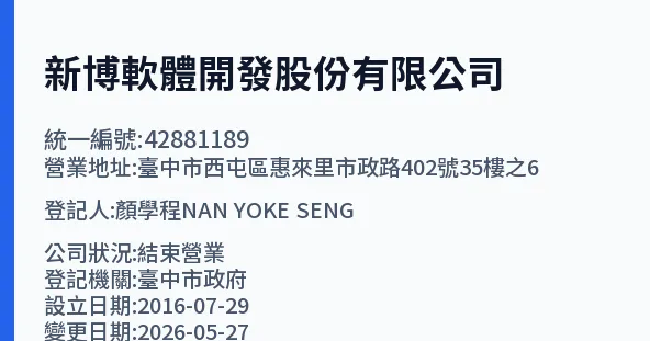 新博軟體開發股份有限公司的照片-統編 42881189(臺中市) 公司登記資料與營業項目詳細圖表