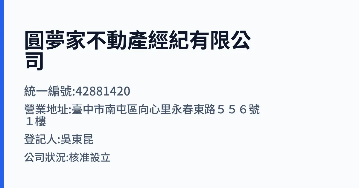 圓夢家不動產經紀有限公司 - 統編 42881420(臺中市) 公司登記資料與營業項目詳細圖表