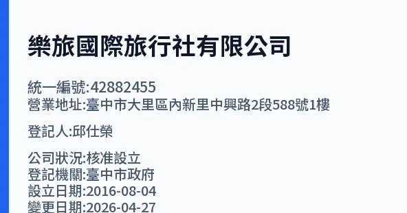 樂旅國際旅行社有限公司的照片-統編 42882455(臺中市) 公司登記資料與營業項目詳細圖表