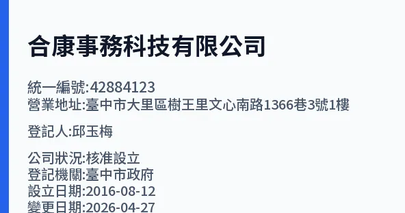 合康事務科技有限公司的照片-統編 42884123(臺中市) 公司登記資料與營業項目詳細圖表