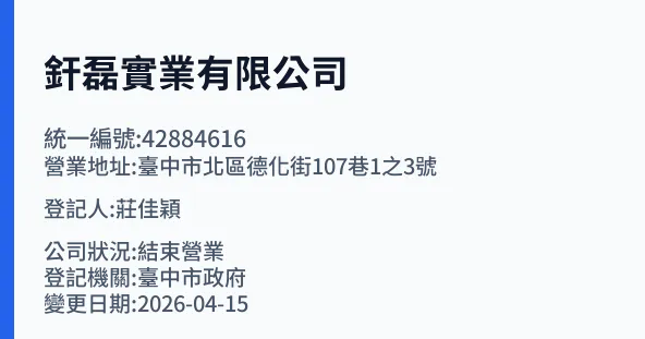 釬磊實業有限公司的照片-統編 42884616(臺中市) 公司登記資料與營業項目詳細圖表
