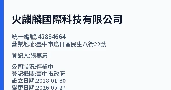 火麒麟國際科技有限公司的照片-統編 42884664(臺中市) 公司登記資料與營業項目詳細圖表