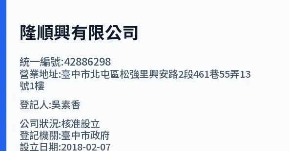 隆順興有限公司的照片-統編 42886298(臺中市) 公司登記資料與營業項目詳細圖表
