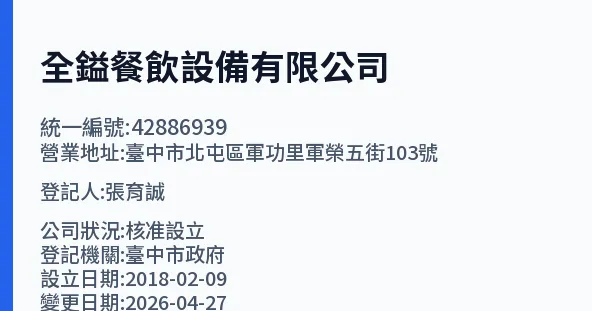 全鎰餐飲設備有限公司的照片-統編 42886939(臺中市) 公司登記資料與營業項目詳細圖表