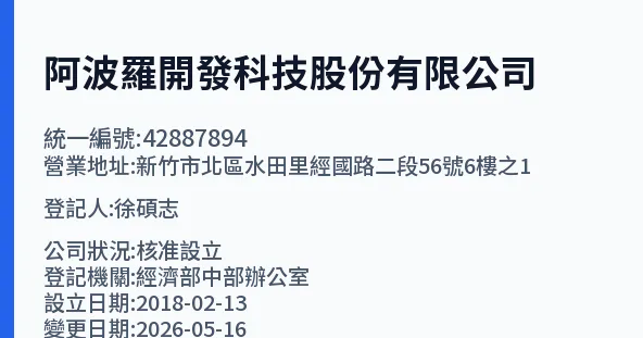 阿波羅開發科技股份有限公司的照片-統編 42887894(新竹市) 公司登記資料與營業項目詳細圖表