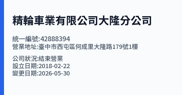 精輪車業有限公司大隆分公司的照片-統編 42888394(臺中市) 公司登記資料與營業項目詳細圖表