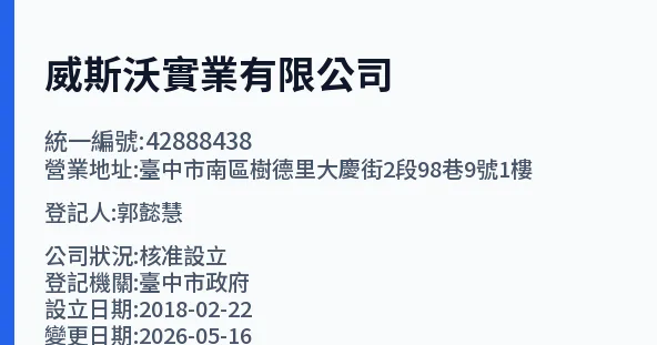 威斯沃實業有限公司的照片-統編 42888438(臺中市) 公司登記資料與營業項目詳細圖表