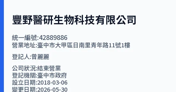 豐野醫研生物科技有限公司的照片-統編 42889886(臺中市) 公司登記資料與營業項目詳細圖表