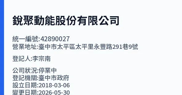 銳聚動能股份有限公司的照片-統編 42890027(臺中市) 公司登記資料與營業項目詳細圖表