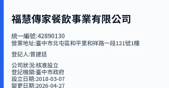 福慧傳家餐飲事業有限公司的照片-統編 42890130(臺中市) 公司登記資料與營業項目詳細圖表